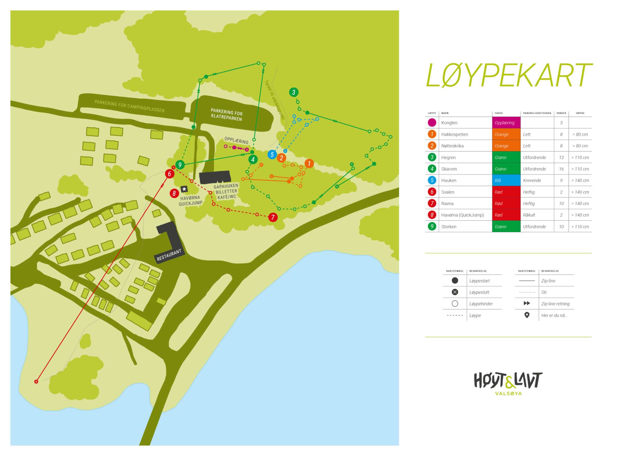 Map of the climbing park - Høyt & Lavt Valsøya